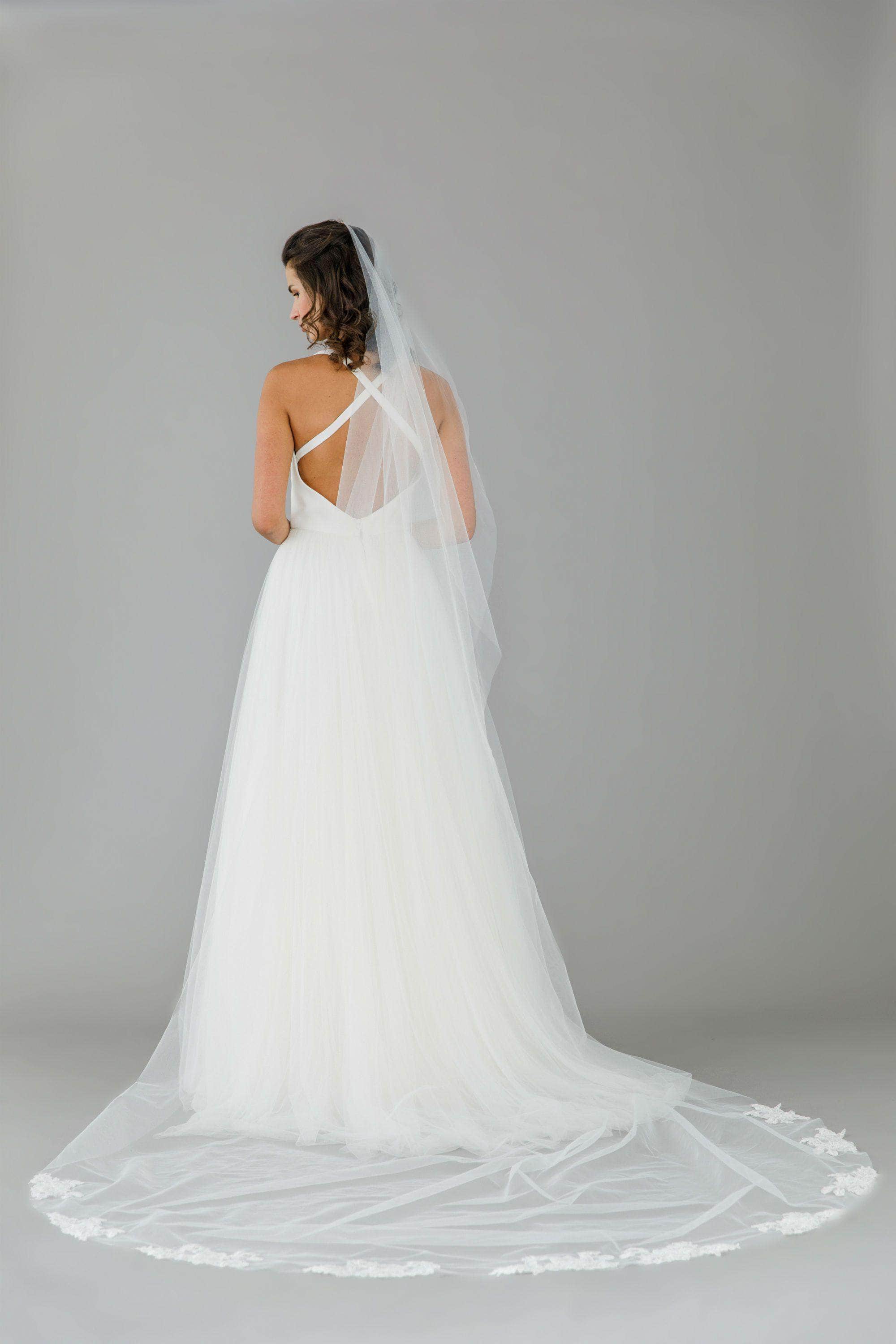 Lace flower motif train wedding veil - 'Amara'
