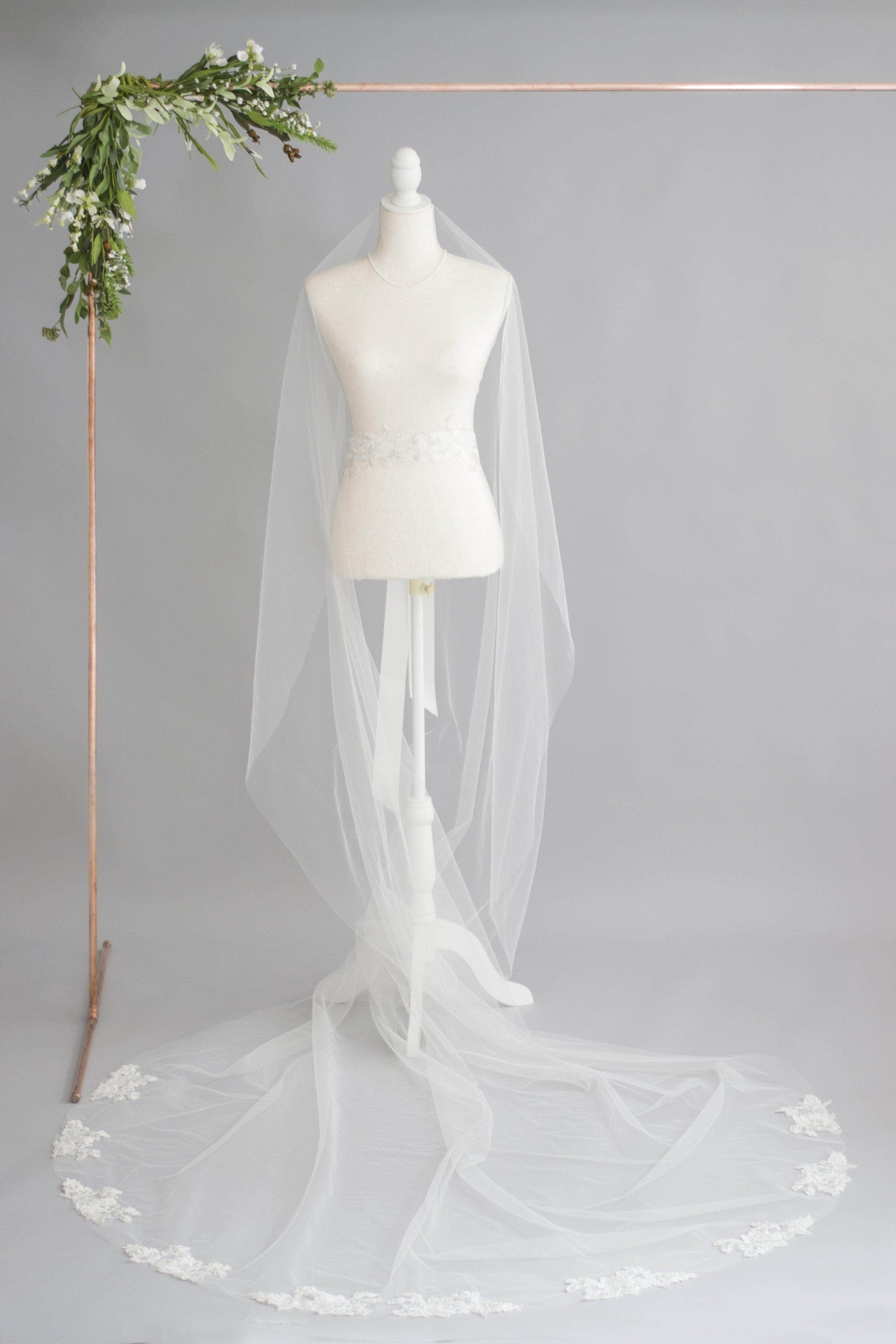 Lace flower motif train wedding veil - 'Amara'